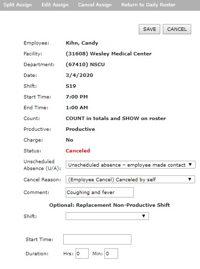 Daily Roster - Cancel Assignment